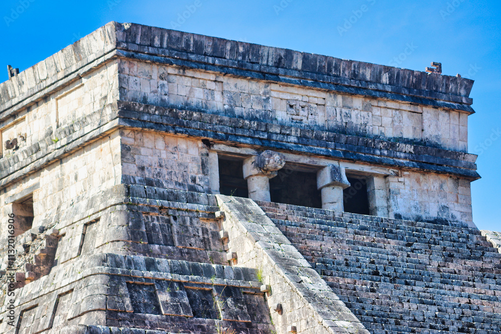 Zoomed image of the Temple of Kukulcan on top of the Pyramid, with ...