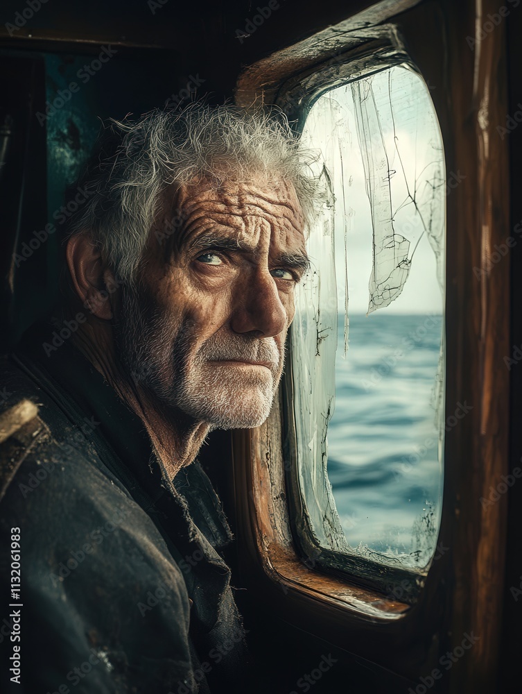an old man gazing at the horizon through the window of a boat cabin ...