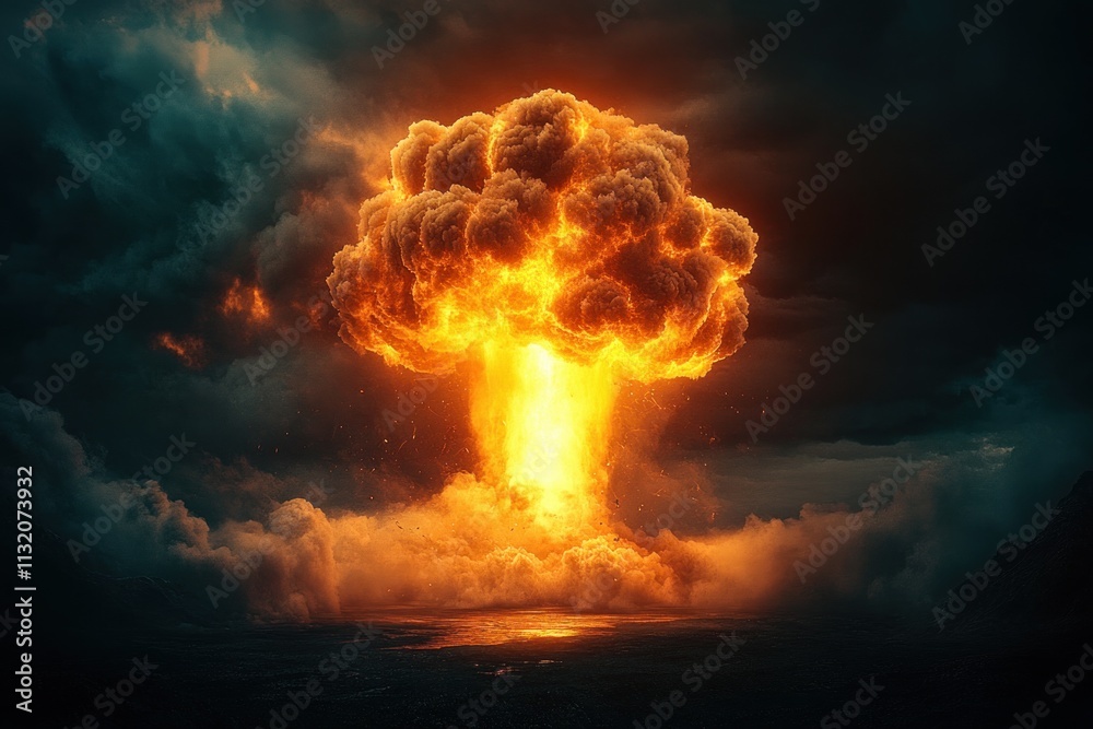 Nuclear Explosion of an Atomic Bomb with an Illuminated Mushroom Cloud ...
