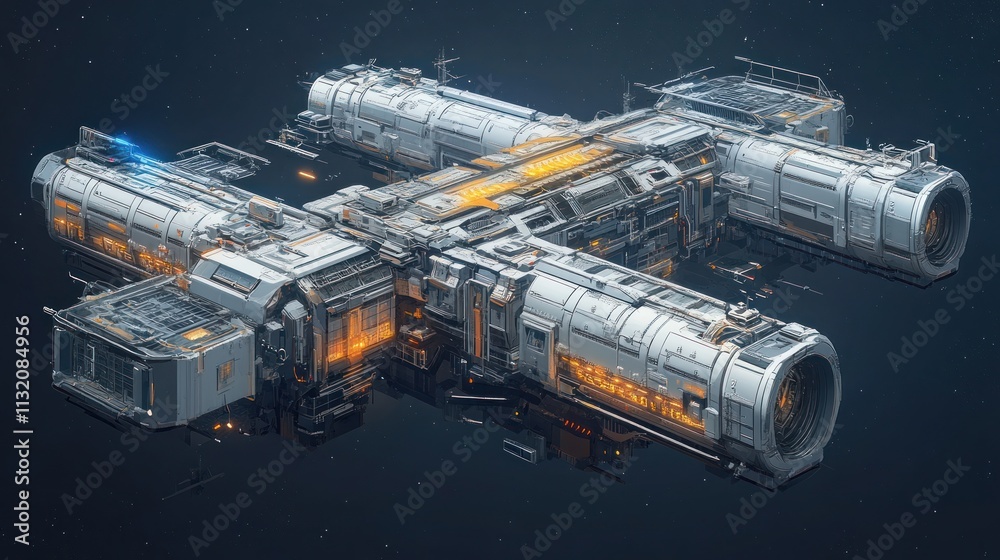 A futuristic space station, a modular structure with multiple docking ...