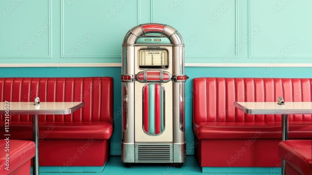 Old-school and retro simplicity, A retro jukebox stands in a vibrant ...