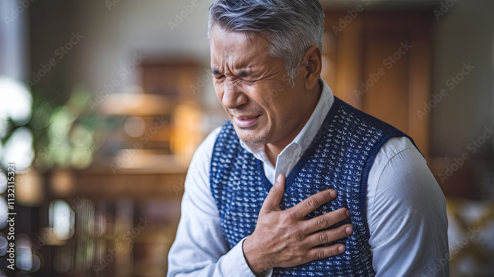 Middle-Aged Man with Gray Hair in Distress, Holding Chest as if ...