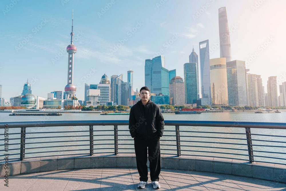 man traveler visiting in Shanghai, China. male Tourist sightseeing ...