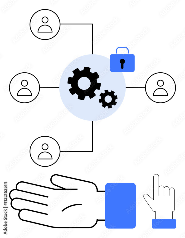 Hand, pointing finger, gears, lock, four user icons connected via lines ...