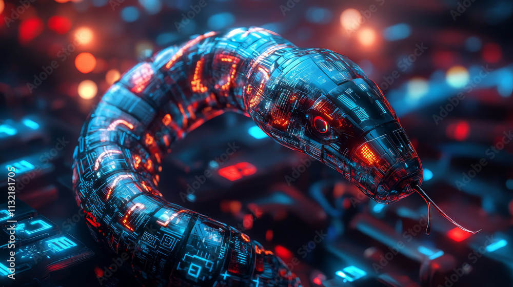 Robot snake with AI wrapped around number of new year 2025. Christmas ...