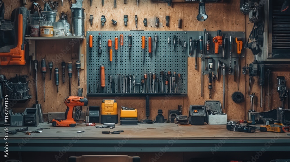 drills and drill bits laid out on a workbench, organized by size and ...