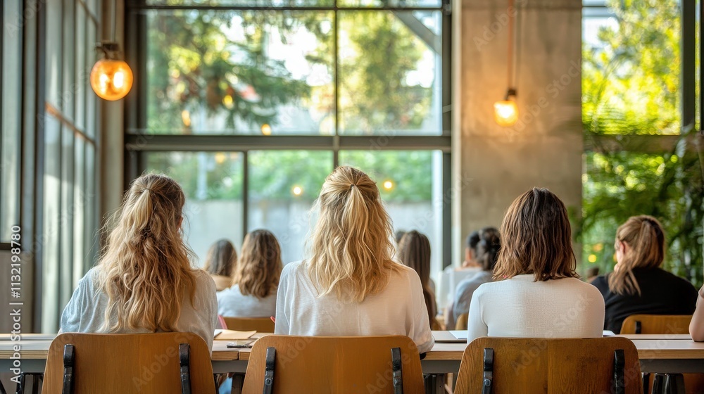 Students gather in a modern classroom. Women focus on education in an ...