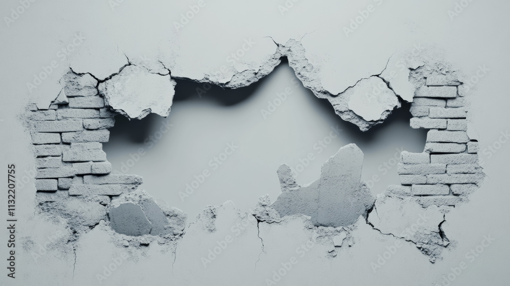 Broken hole in wall, falling concrete and plaster, bricks and building ...