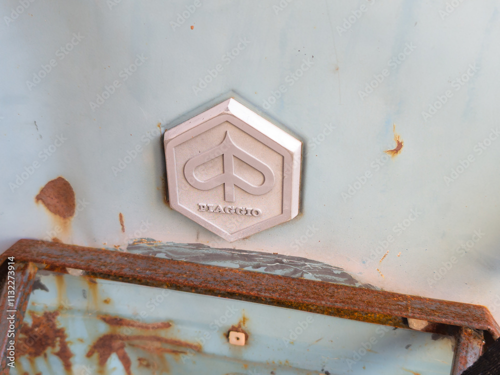 Piaggio vespacar trishaw Italian brand text and logo sign front of ...