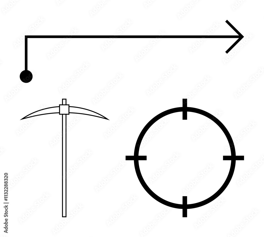 Directional arrow pointing right, classic pickaxe, and crosshair target ...