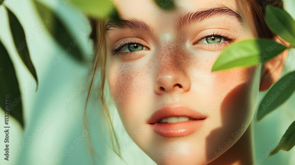 Beautiful woman with freckles showing natural beauty behind green ...