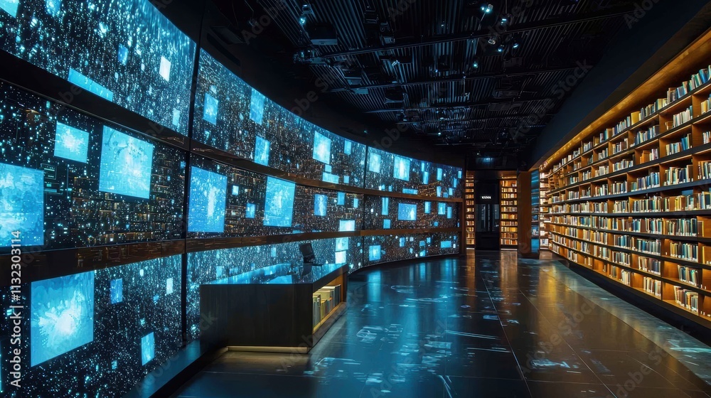 A modern library with interactive digital bookshelves and holographic ...