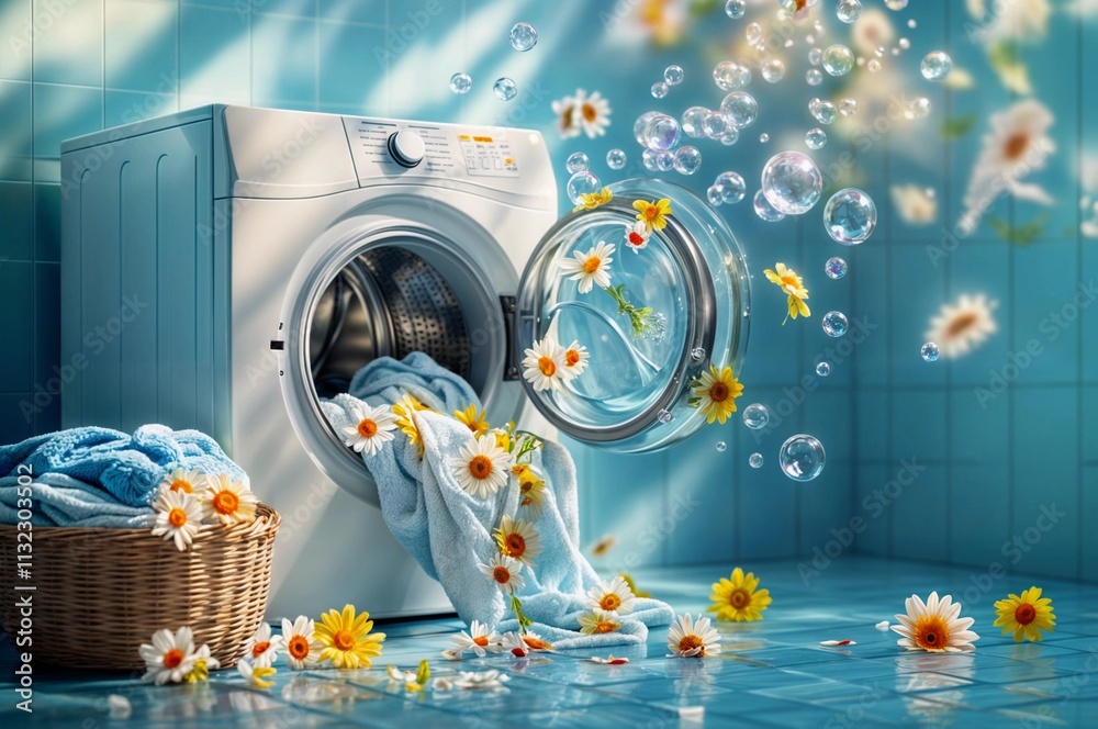Washing machine with an open door with air bubbles and fresh flowers ...