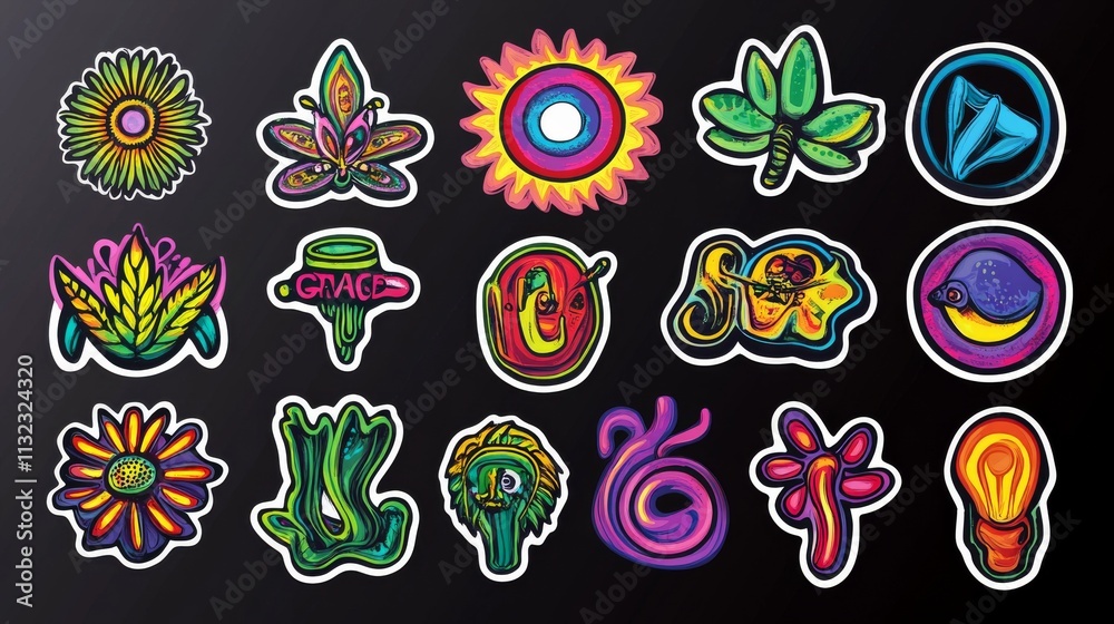 Cartoon groovy stickers 70s. Cute retro characters. Hippie style, set ...
