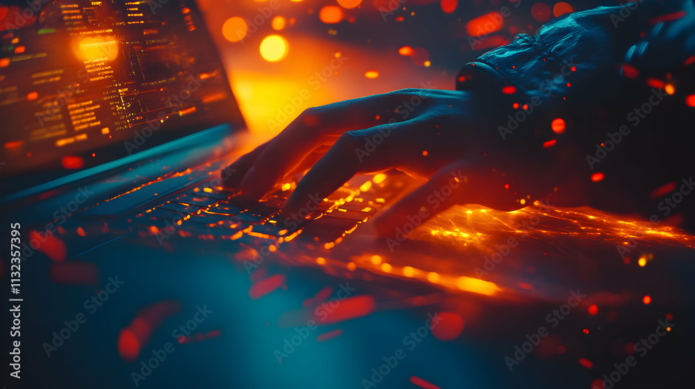 Cyberpunk Programmer Codes in Fiery Glow: Digital Data Streams Ignite ...