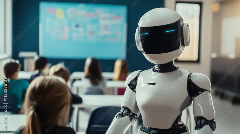 A humanoid robot teacher in a technologically advanced classroom ...