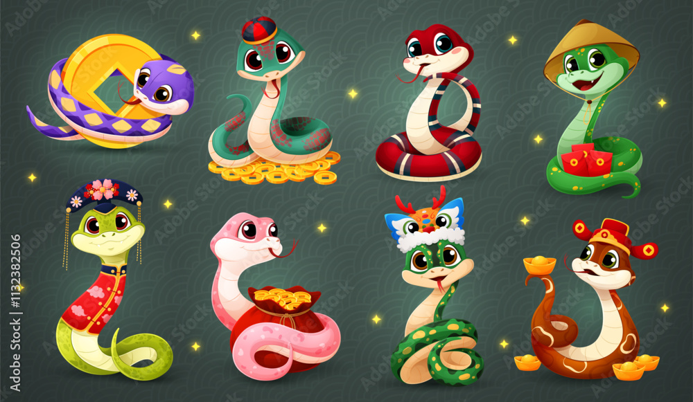 2025 lunar year funny cartoon snake characters for Chinese holiday ...