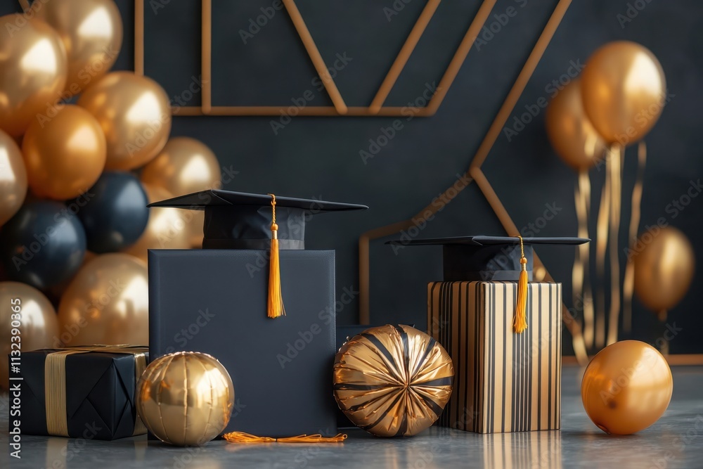 Celebratory graduation decorations displaying caps diplomas and ...