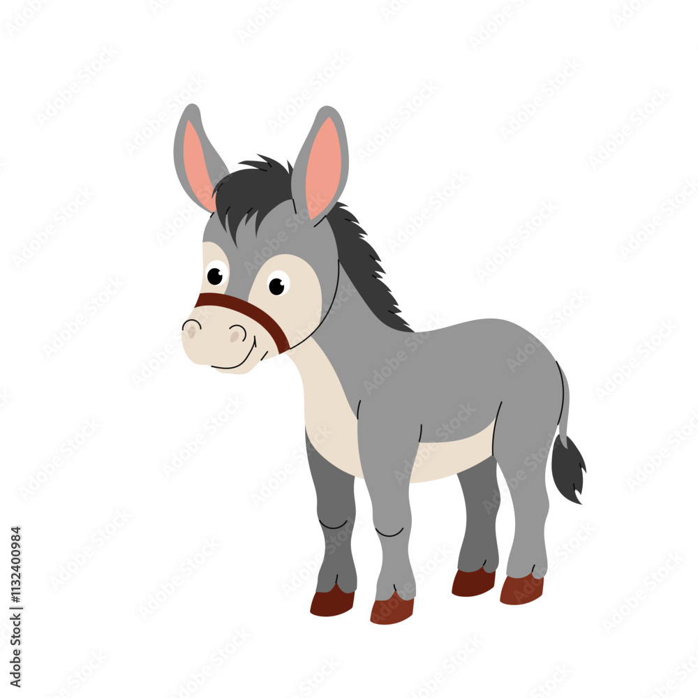 Donkey. Farm animal. Flat illustration of cartoon grey cute donkey ...