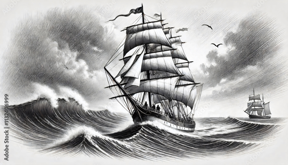 ship sailing sea ocean waves pencil drawing maritime travel exploration ...