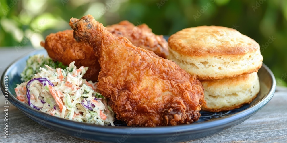 Delicious fried chicken meal served with a side of coleslaw and a flaky ...