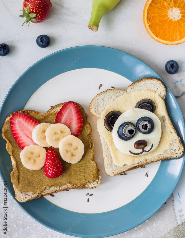 Funny healthy breakfast for kids with whole wheat toast, peanut butter ...