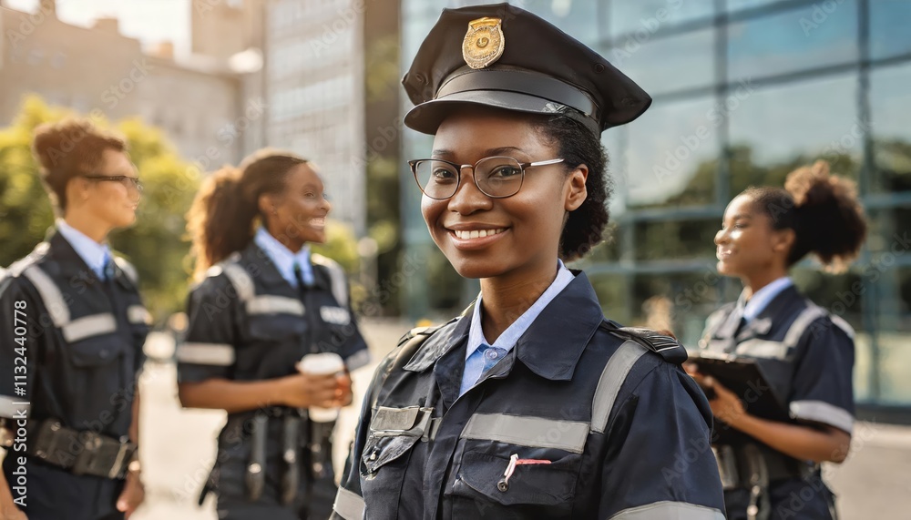 Smiling Black Female Police Officer Engaging with Colleagues in a ...