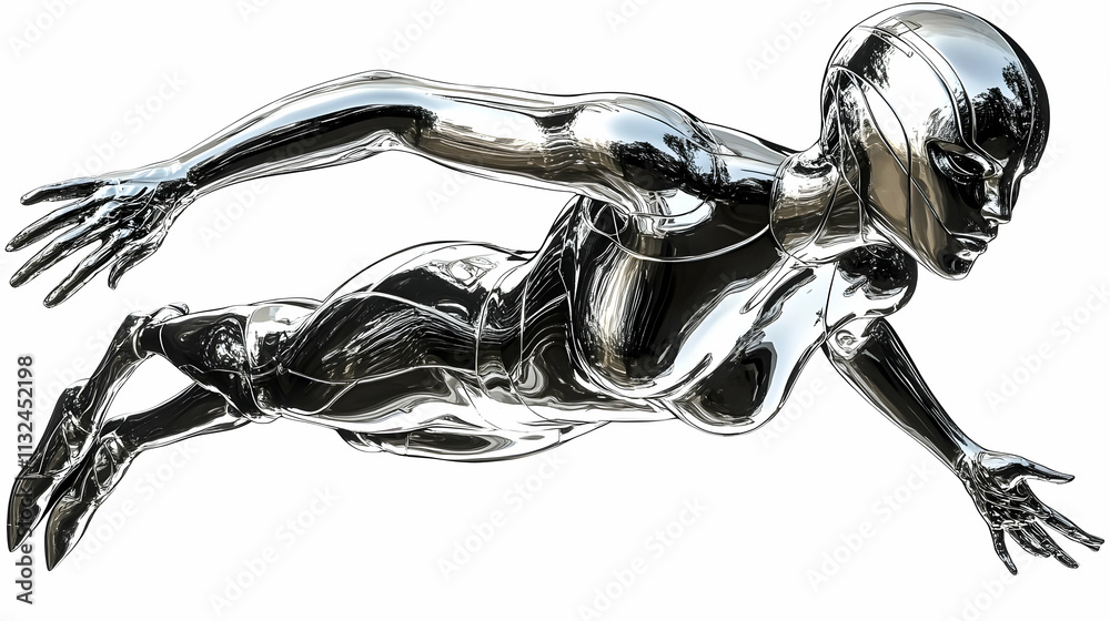A Shiny Chrome-Plated Robot Figure With Humanoid Features in a Dynamic ...