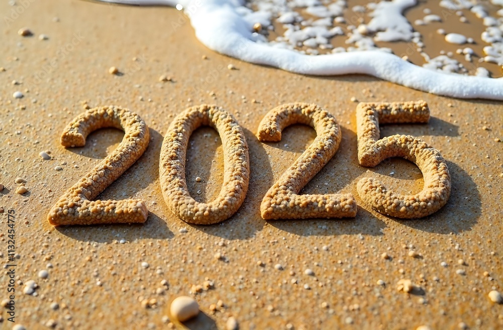 2025 numbers on the sand background. 2025 number write finger on the ...