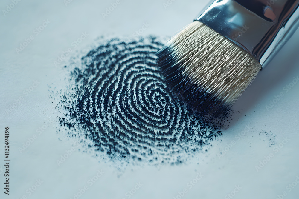 Close-up of a fingerprint dusting process with brush and powder ...