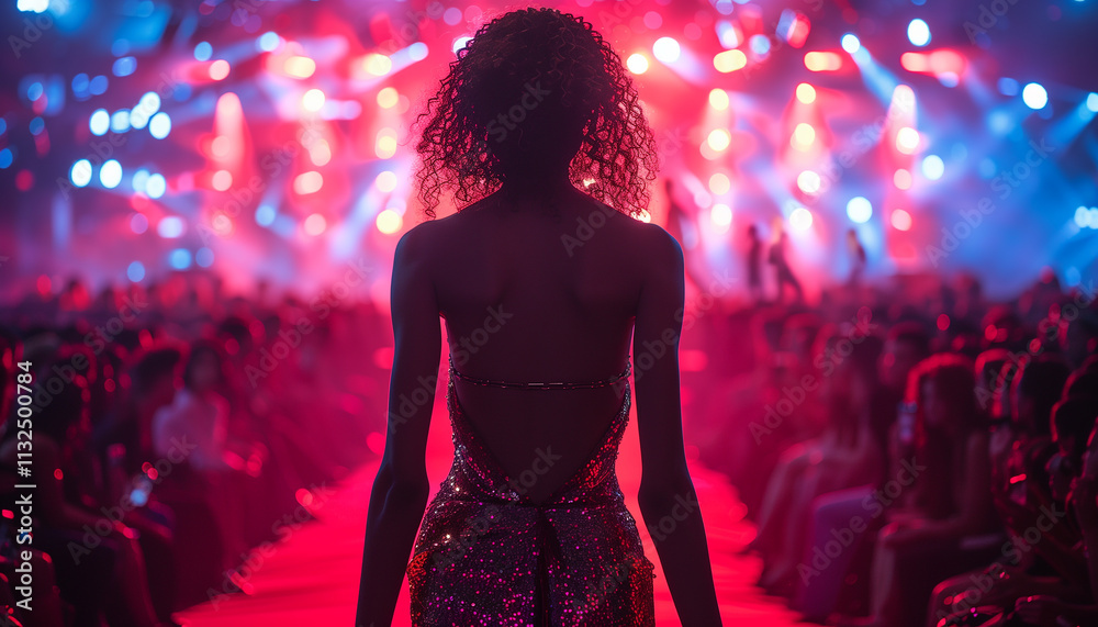 Model walking the ramp in couture attire, under well-lit, colorful ...