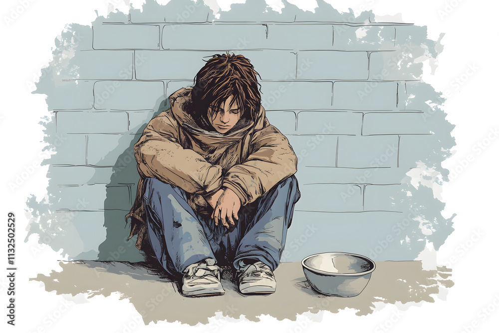 Illustration of a homeless person sitting against a brick wall with an ...