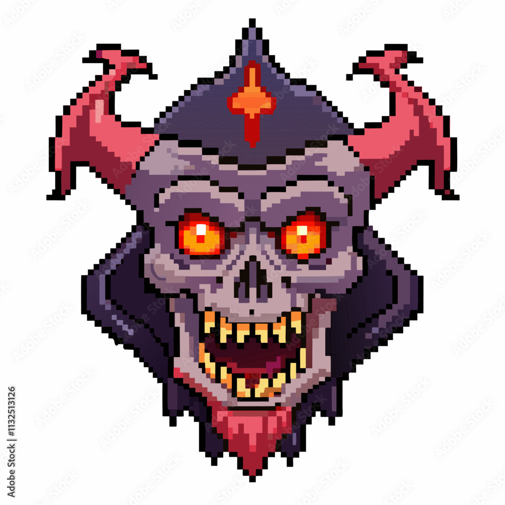 Pixel Art Demon Skull with Glowing Red Eyes and Horns Retro 8 Bit Style ...