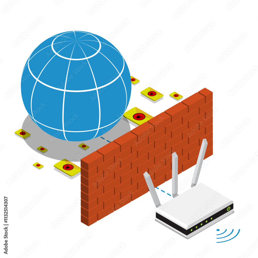 Isometric wireless WiFi router device protected by software firewall ...