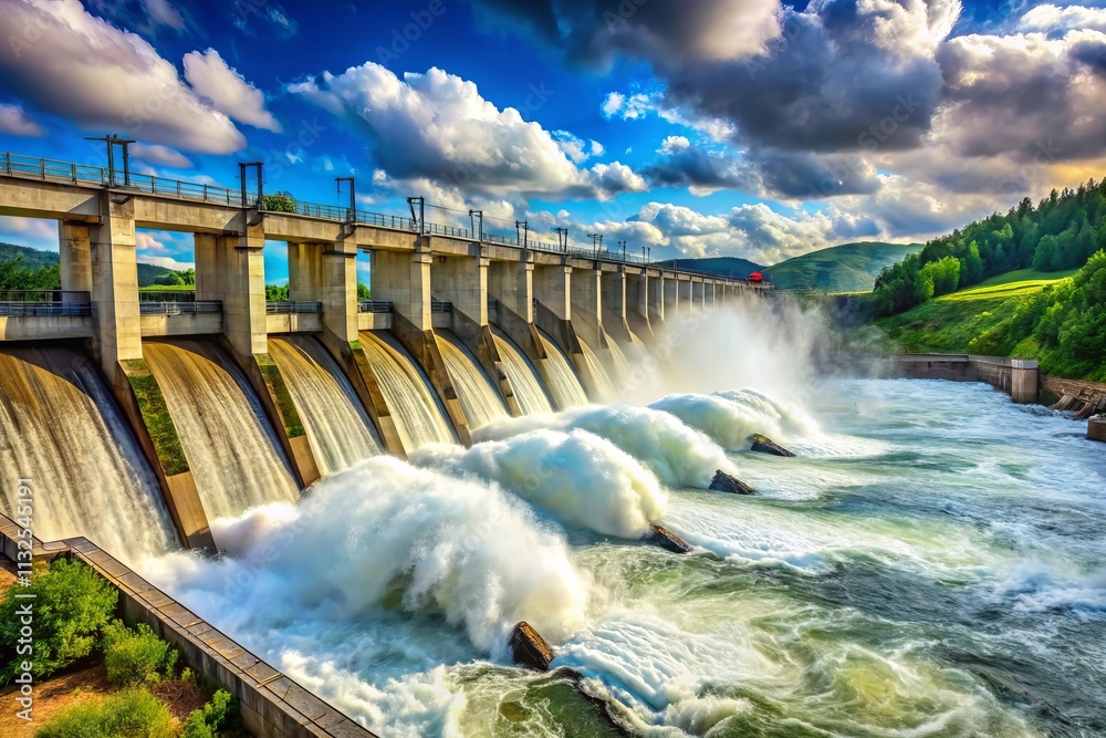 Dam Flood Gates With Rushing Water. open flood gates causing mist to ...