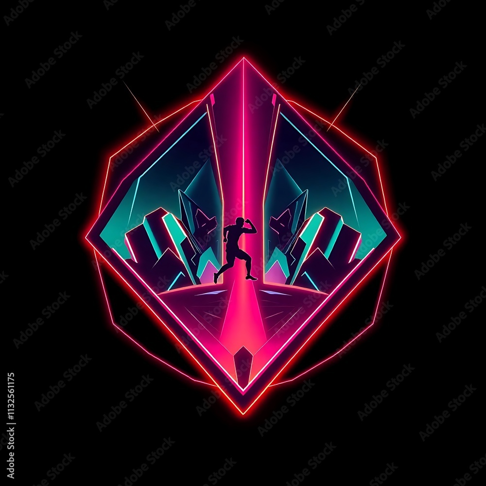 Neon Runner: A silhouette of a runner emerges from a vibrant, geometric ...