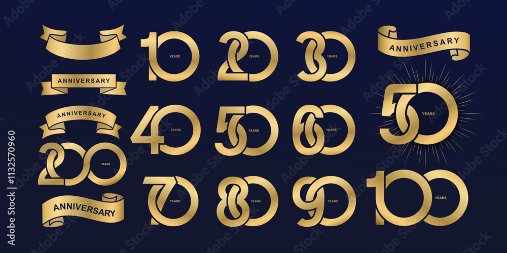 Set of gold anniversary pictogram icon. Logo year numbers 10, 20, 30, 40, 50, 60, 70, 80, 90 ...