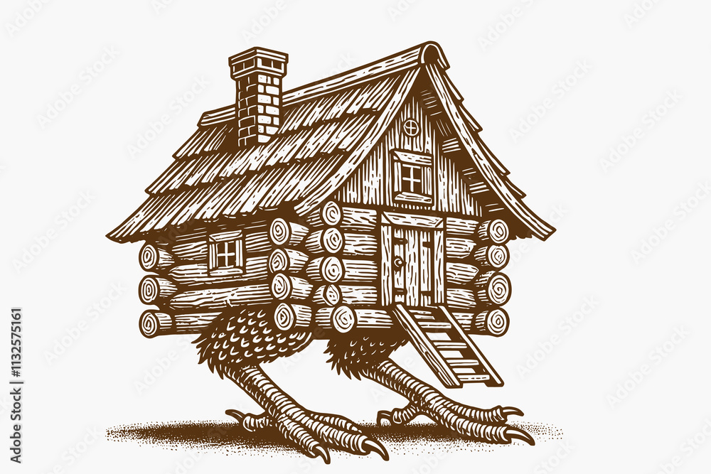Baba Yaga's hut on chicken legs, vintage folklore woodcut style Stock ...