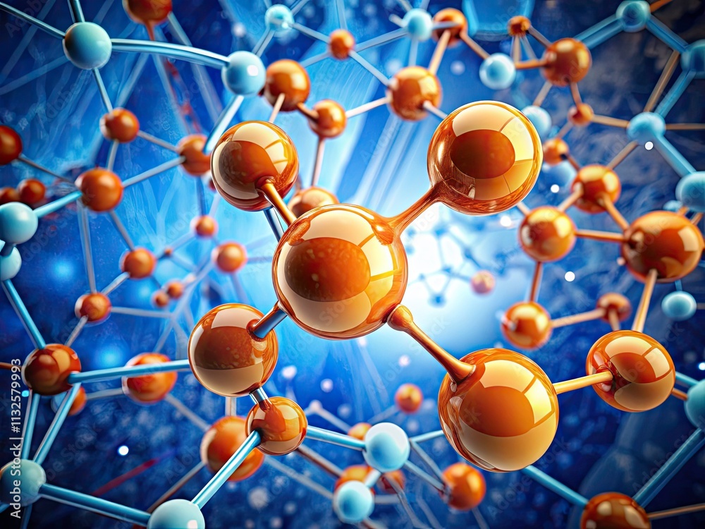 Orange and blue molecules form a vintage 3D structure; a retro ...