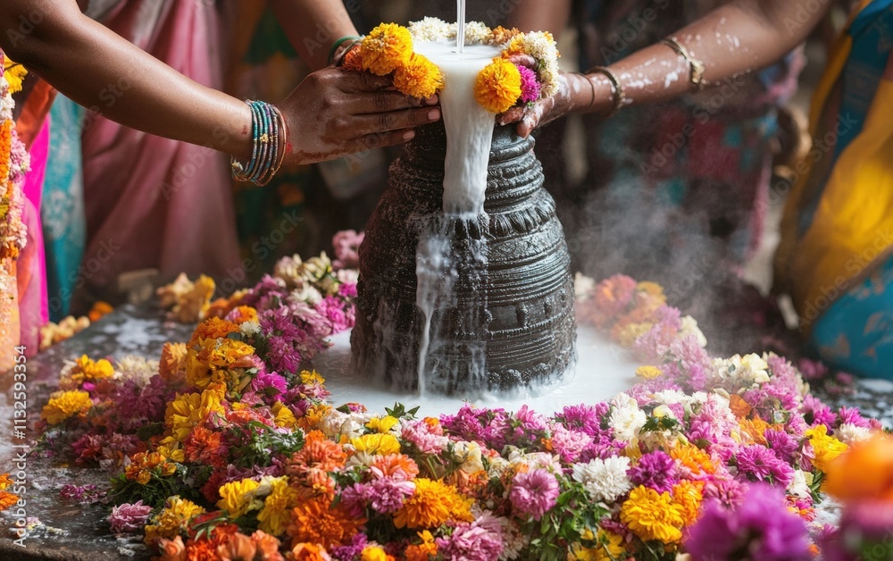 Devotees offering milk and prayers to a Shiva lingam surrounded by ...
