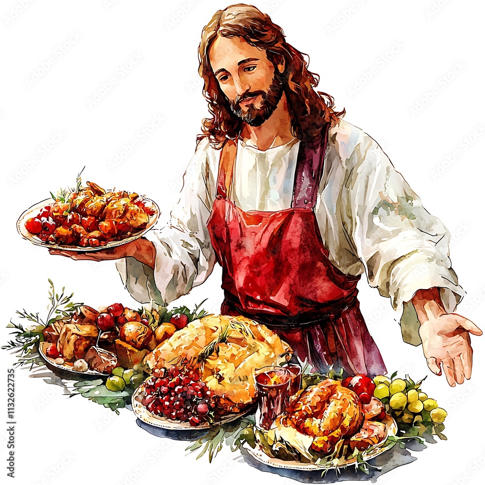 Jesus Christ Serving a Bountiful Feast of Roasted Meats, Fruits, and ...