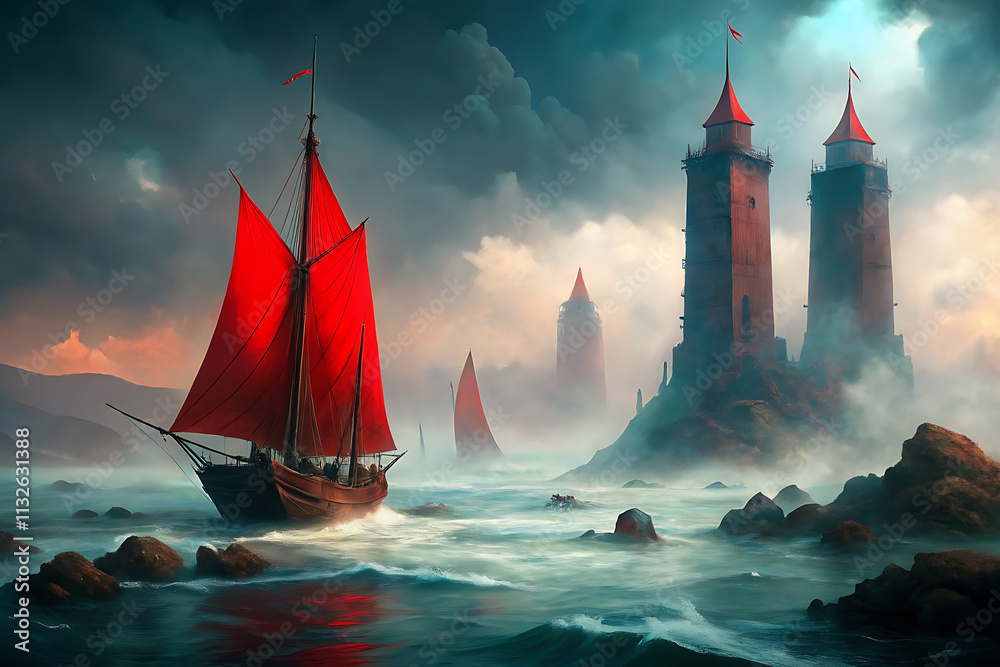 Redsailed ships navigate a misty sea towards a majestic, brickred ...