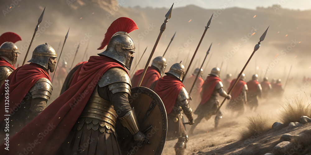 Ancient roman legionnaires marching to war in dusty landscape. Stock ...