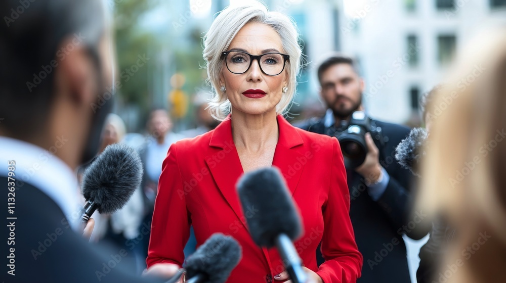 Confident woman in red blazer addresses reporters during press ...