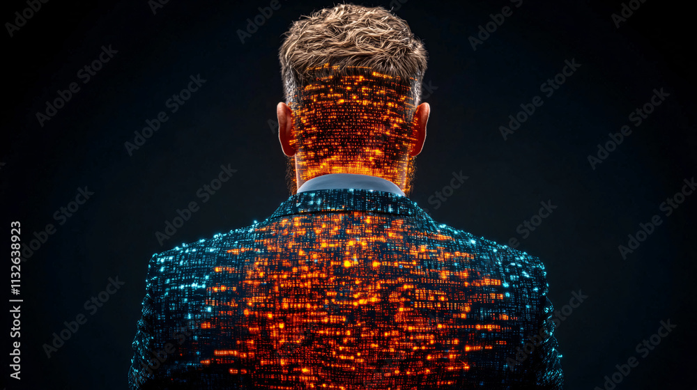 man in shimmering suit displays digital pattern of glowing data spheres ...