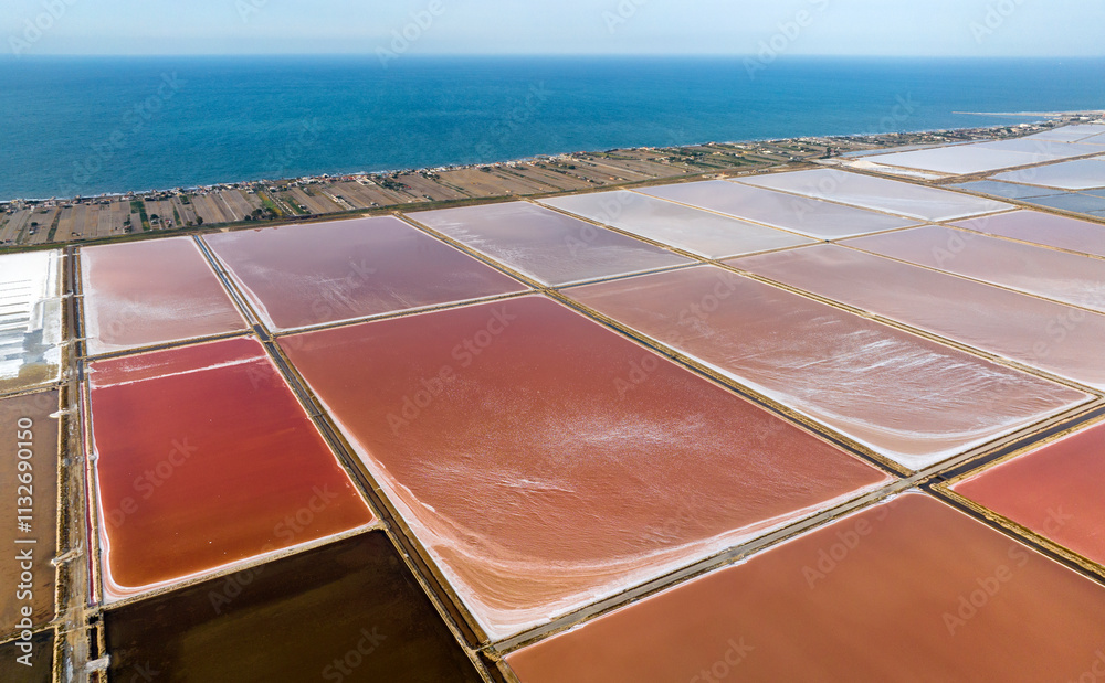 Aerial view of the Margherita di Savoia salt mines, in Puglia, Italy ...