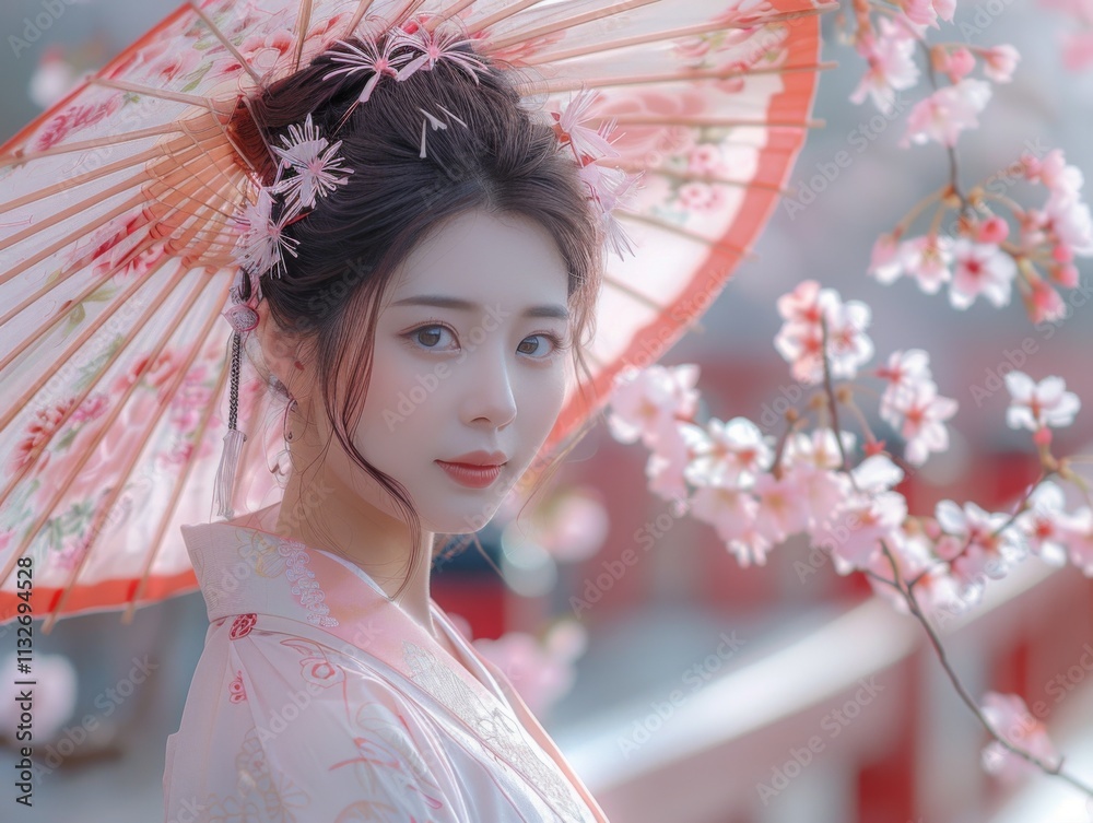 asian beautiful Woman in white kimono under the Sakura Tree . Atmosphere Cherry blossom tree ...