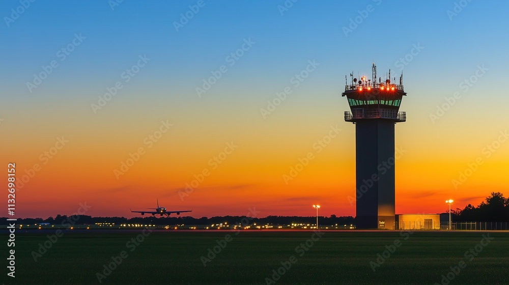 Air traffic control tower overseeing a bustling airport, ensuring safe ...