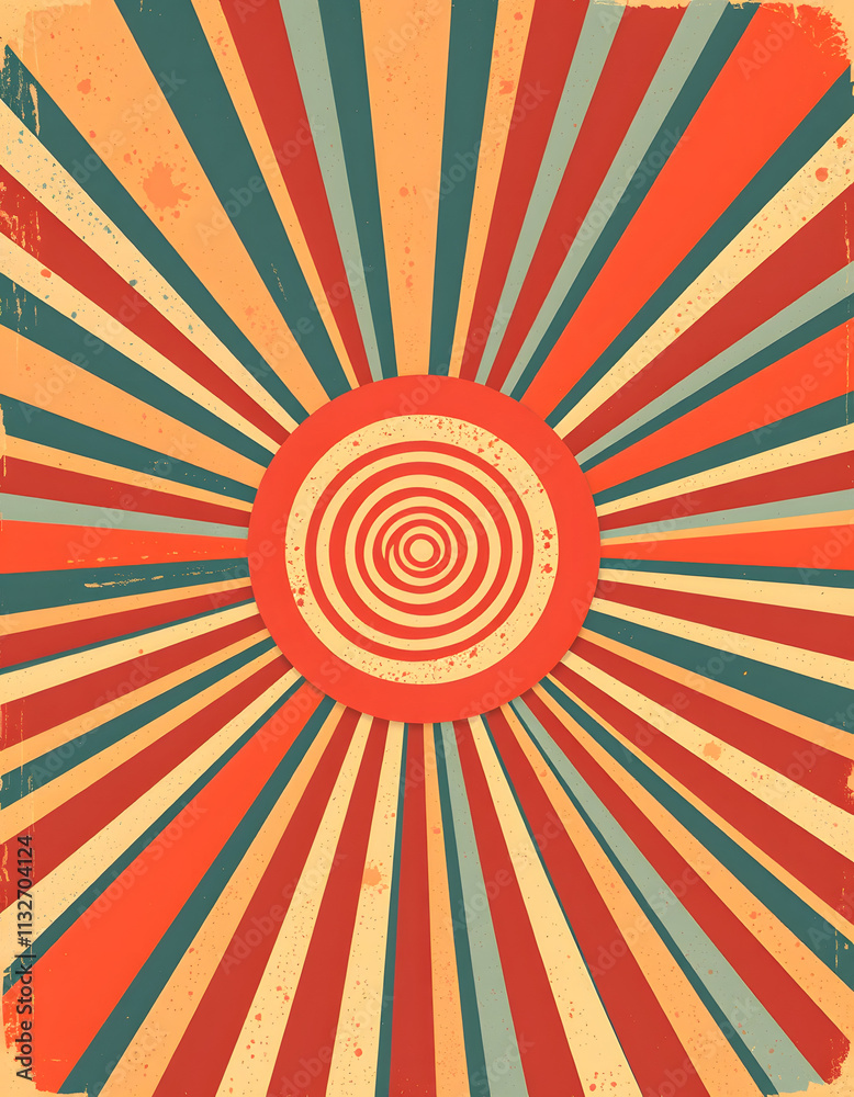 Circus sunburst in vintage vibes background and spiral retro rays, vintage poster sun burst ...