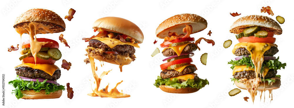 Collection of deconstructed burger set, cheeseburger, hamburger, sesame ...